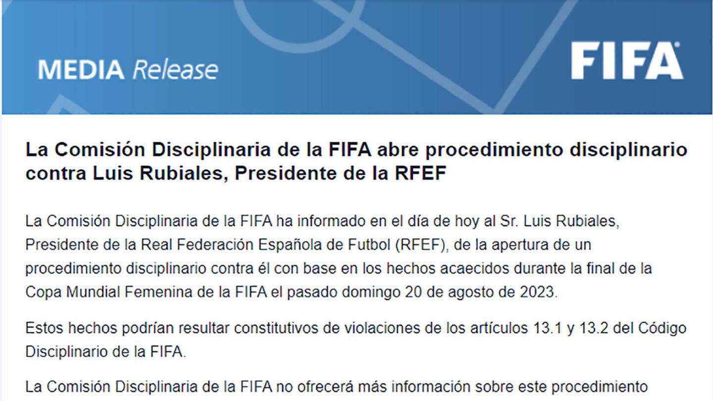 La FIFA abre procedimiento disciplinario contra Luis Rubiales - D10 ... La FIFA abre procedimiento disciplinario contra Luis Rubiales - D10 ...
